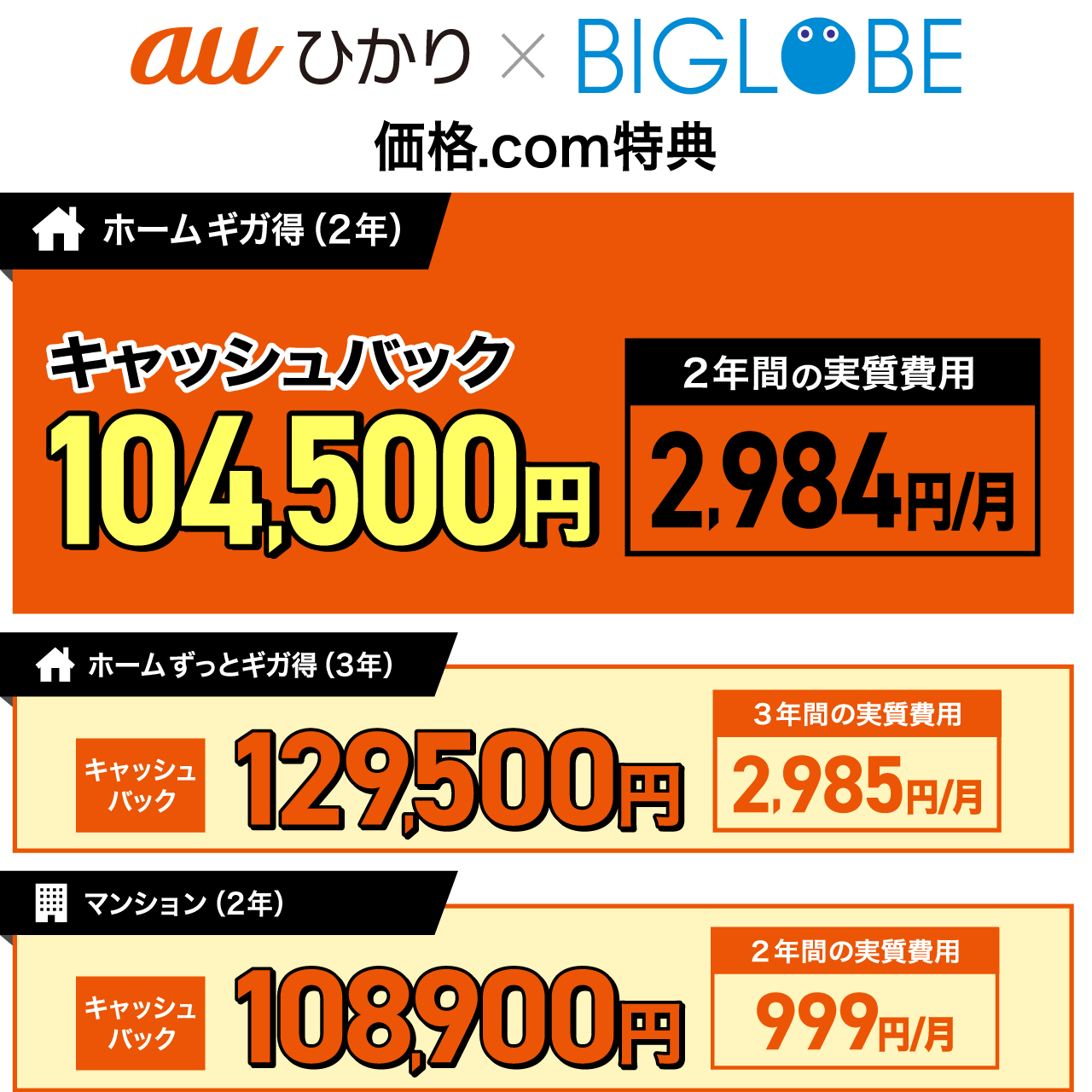 BIGLOBE光 auひかり ホーム ギガ得プラン 2年契約｜プロバイダ比較 - 価格.com