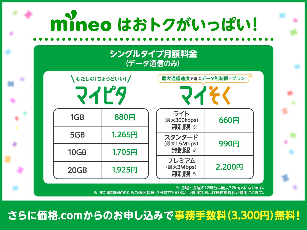 mineo(マイネオ)の格安SIMプラン詳細｜マイピタ Sプランシングルタイプ 5GB SoftBank回線 データSIM - 価格.com